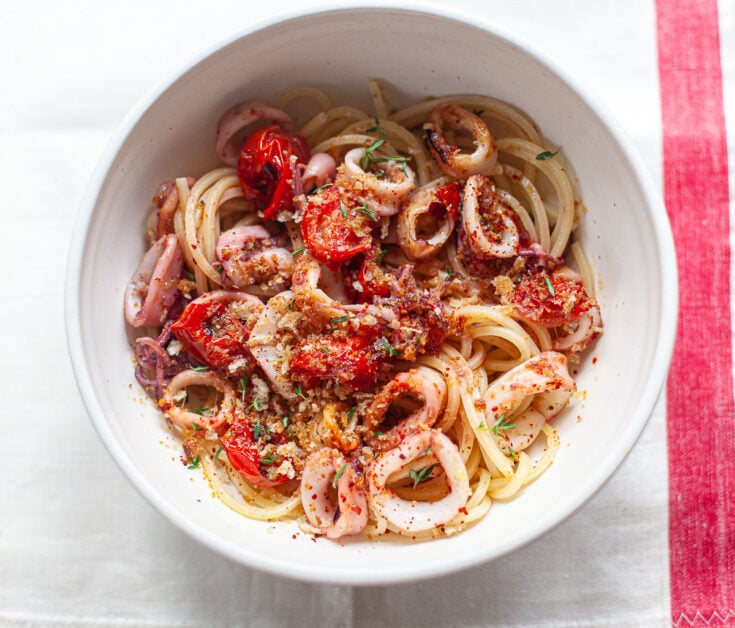 Roasted Calamari Pasta with Cherry Tomatoes - Familystyle Food