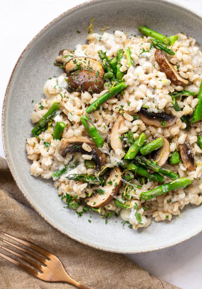Barley Risotto with Fresh Mushrooms and Asparagus - Familystyle Food